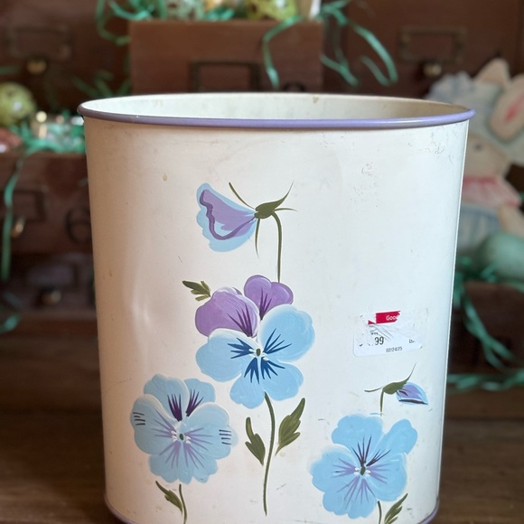 Accents | Retro Floral Waste Bin With Blue And Purple Flowers | Poshmark